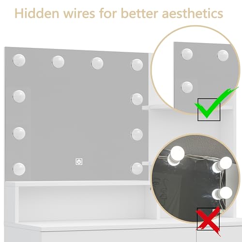 Diwnnue Vanity Desk with LED Lighted Mirror, Makeup Vanity Table Set with 6 Drawers, 3 Color Lighting Modes Brightness Adjustable, Hidden Wiring, Dressing Table for Bedroom, White