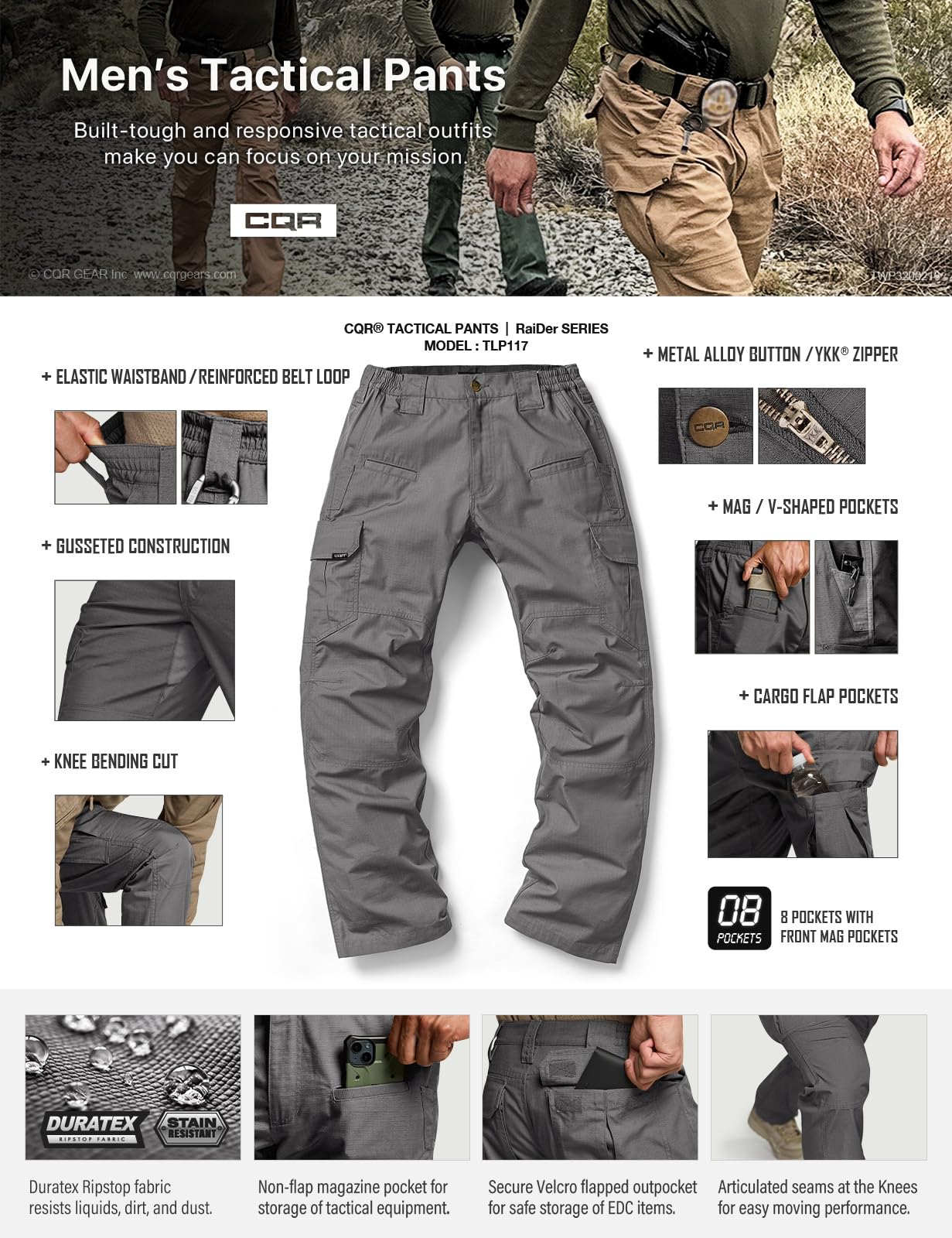 CQR Men's Tactical Pants, Water Resistant Ripstop Cargo Pants, Lightweight EDC Work Hiking Pants, Outdoor Apparel, Ripstop Mag Pocket Charcoal, 34W x 30L