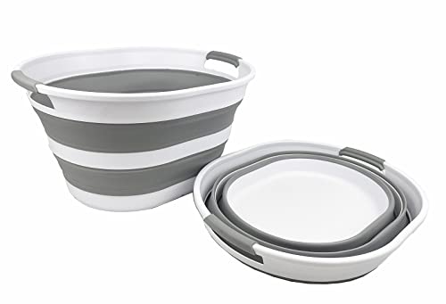 SAMMART 23L (6 Gallons) Set of 2 Collapsible Plastic Laundry Basket - Oval Tub - Foldable Storage Container/Organizer - Portable Washing Tub - Space Saving Laundry Hamper (White/Grey)