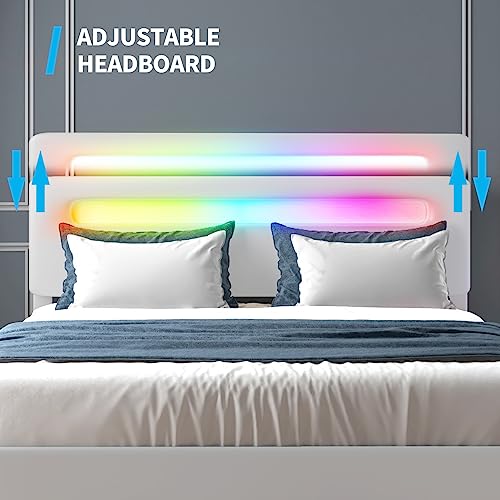 Mjkone LED Bed Frame King Size with Adjustable LED Lights Headboard Upholstered Platform Bed with 4 Storage Drawers, Smart Bed Compatible with Alexa&Google, No Box Spring Needed, Easy Assembly,White