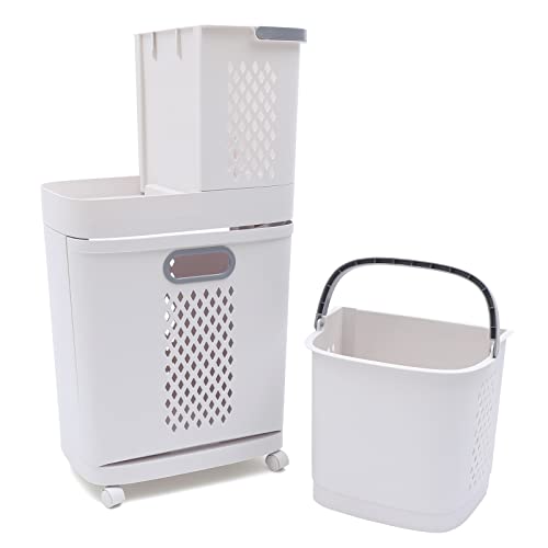 Movable Household Double Laundry Basket Bathroom Clothes Storage Basket with Wheels and Handles Washing Cloths Storage Hamper for Bedroom, Laundry Room, Bathroom