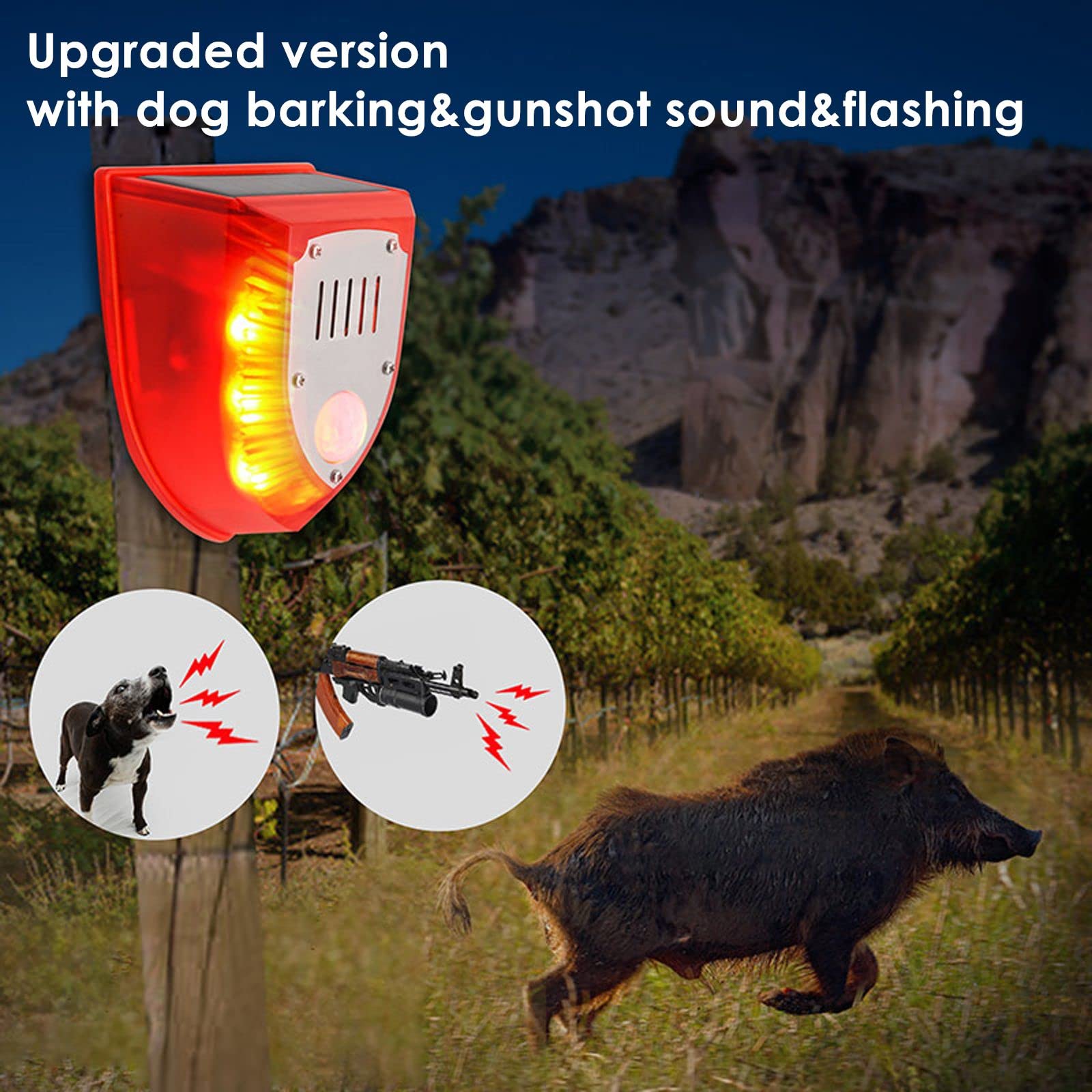 HULPPRE Solar Outdoor Motion Sensor Alarm-Dog Barking&Gunshot Sound,129db Loud Noise Maker,3 Work Modes Strobe Light with USB,Say Goodbye to The Unwanted Explorers