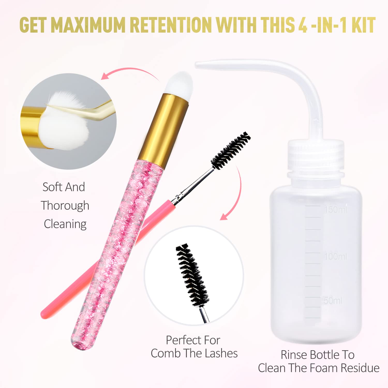 EMEDA Lash Shampoo for Extensions - 100ml Gentle Foam Lash Cleanser, Oil-Free Cleaner for Wash Eyelash Bath with Rinse Bottle Brush