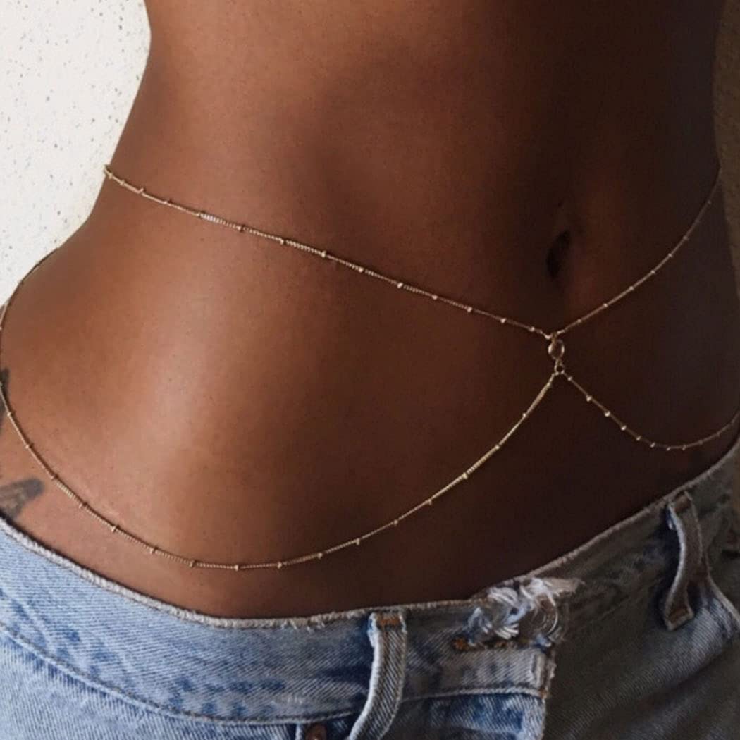 Edary Boho Belly Chain Gold Layered Waist Chain Beaded Body Chains Bikini Body Chain Jewelry for Women Sexy
