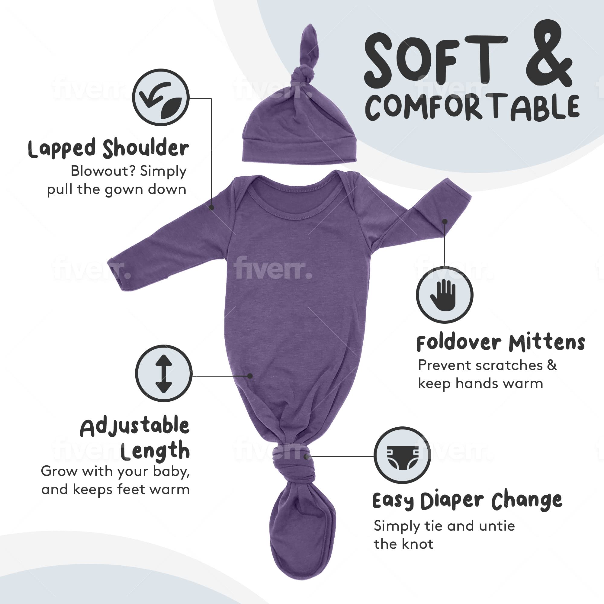 Soft Newborn Baby Gown with Hat | Sleep Nightgown with Long Sleeve and Mitten Cuffs for Girl and Boy (Navy)