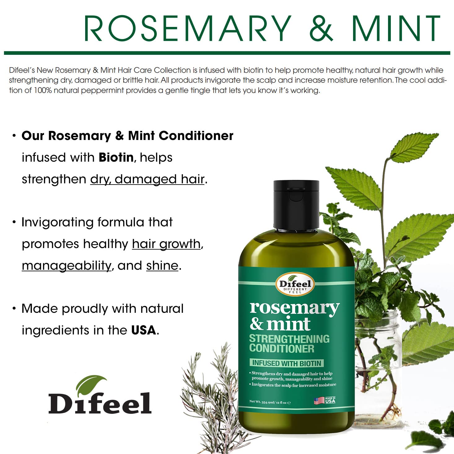 Difeel Rosemary & Mint Biotin Haircare Collection - Shampoo+ Conditioner + Hair Mask (12oz Each), 2.5oz Root Stimulator & 7.1oz Oil