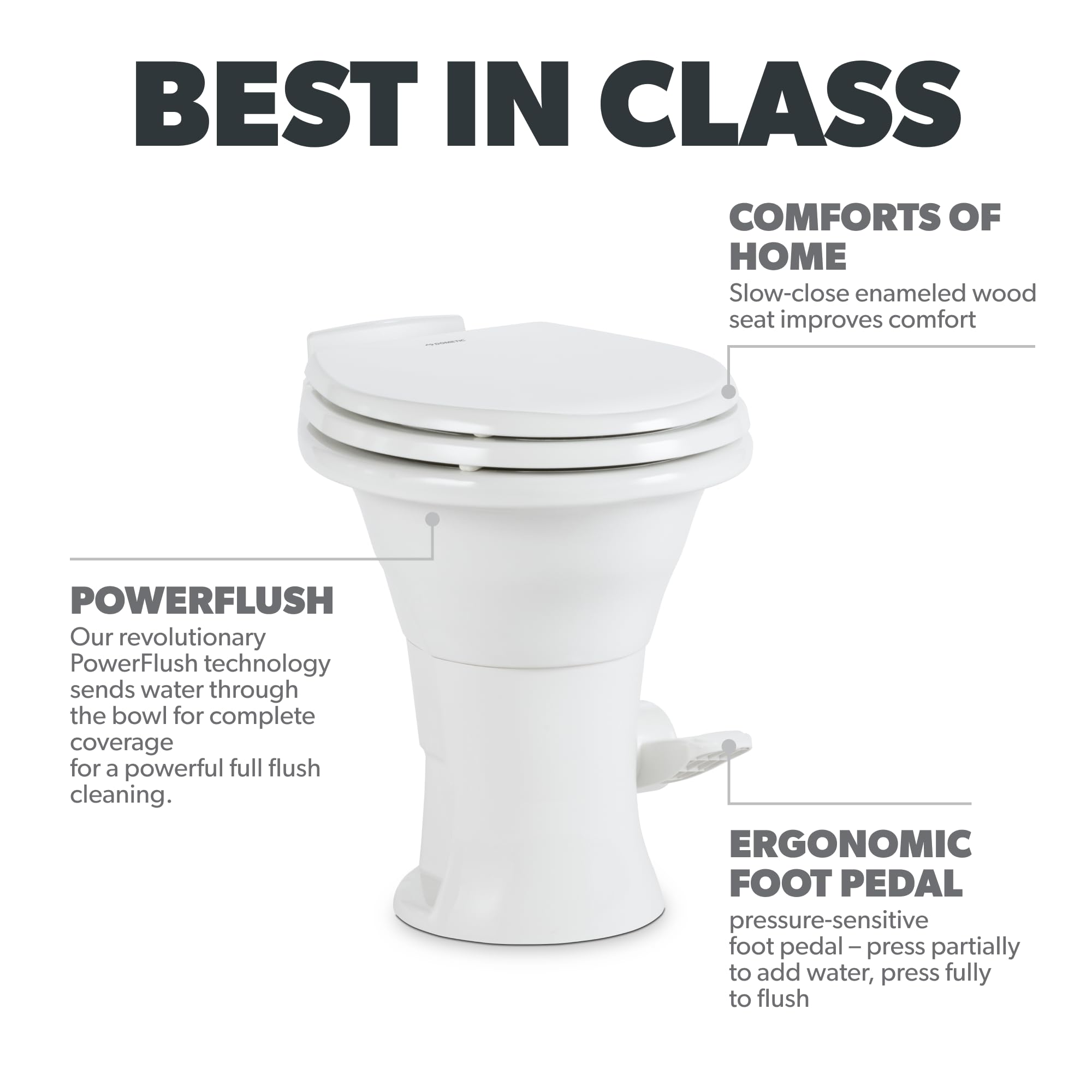 Dometic 302310033 310 Series Standard Height Toilet 19.75" Height, Slow Close Wood Seat, Bone