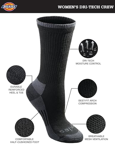 Dickies Women's Dritech Advanced Moisture Wicking Crew Socks (6/12 Pairs), Black Assorted (12 Pairs), Shoe Size: 4-6
