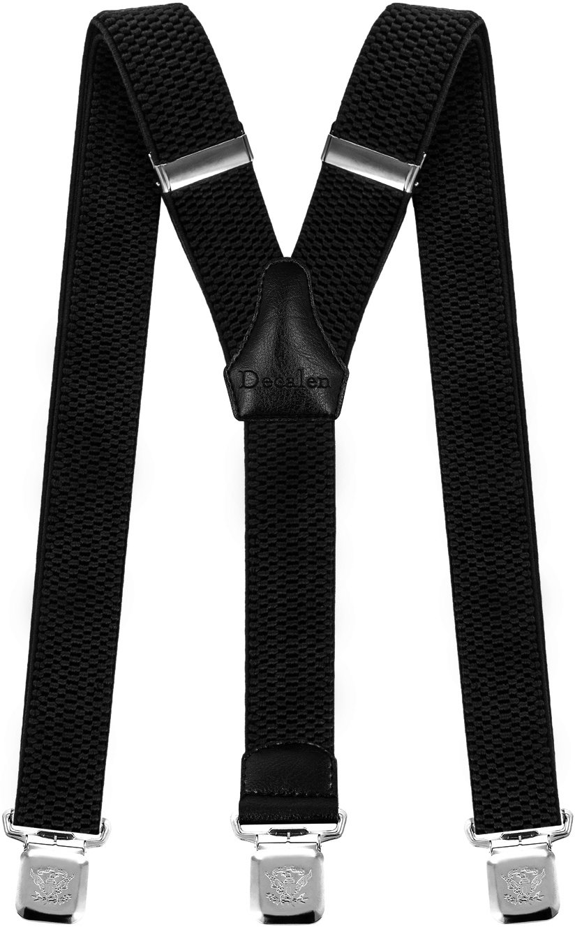 Decalen Mens Suspenders with Very Strong Clips Heavy Duty One Size Fits All Big and Tall Wide Adjustable and Elastic Braces Y Back Shape (Black)