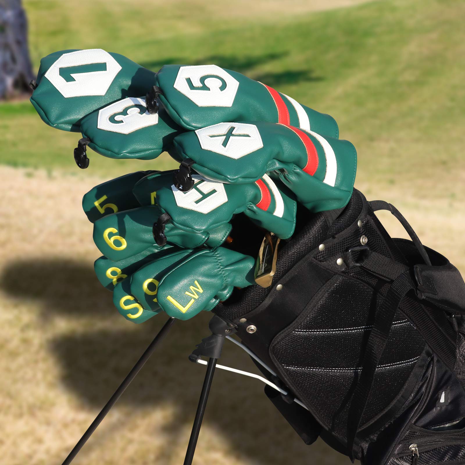 Craftsman Golf Green 11pcs /Set (4,5,6,7,8,9,A,S,P,L,X) Leather Iron Covers Headcover with Large Gold No. on Both Sideds suitable for Left and Right Handed Golfer