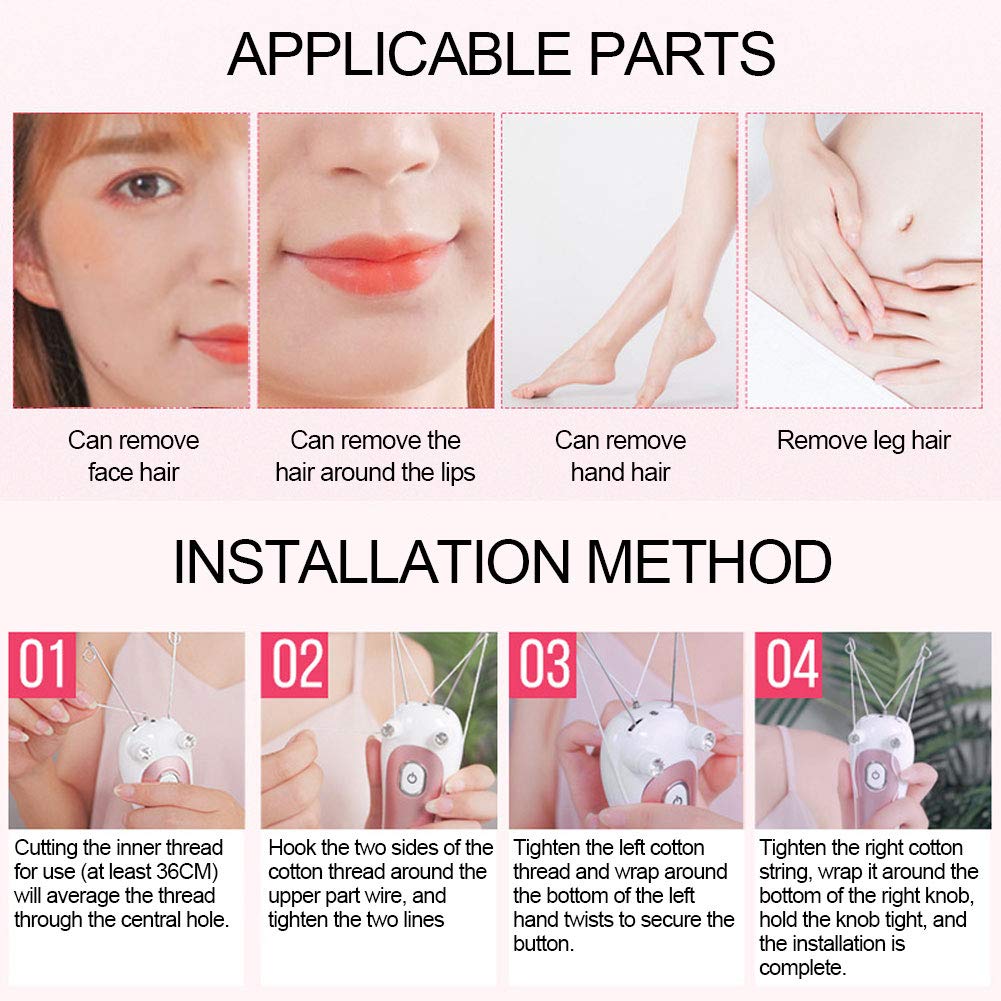 Electric Hair Removal Body Facial Threading Epilator with Cotton Thread Rechargeable Physical Threader Hair Shaver(Pink)
