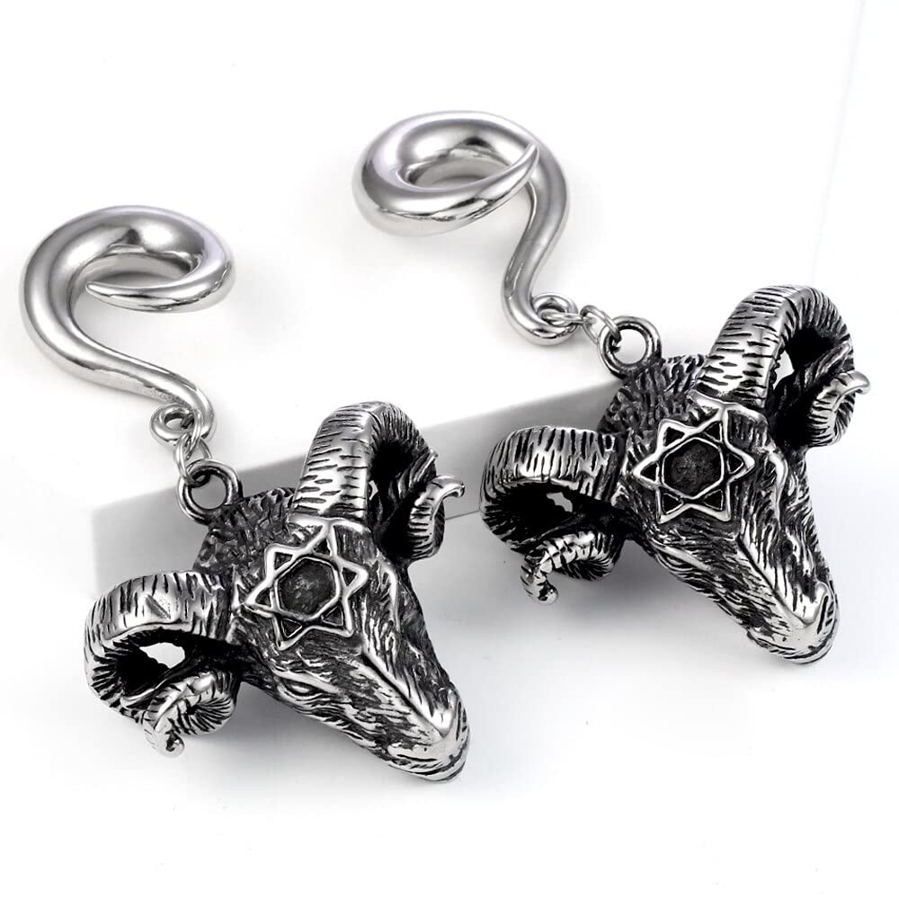 Earblity (8mm 0g Hook Plugs Ear Weight Bull Head Dangle Piercing Ear Gauges Silver Hypoallergenic 316 Stainless Steel Stretcher Body Jewelry 2PCS