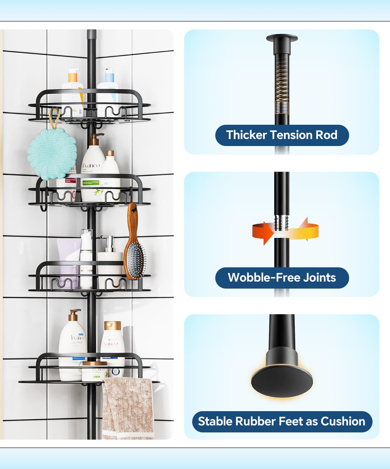 EUHOME Shower Caddy Tension Pole, Corner Shower Caddy Tension Rod 4 Adjustable Shelves Standing Shower Caddy for Bathroom Organizers Storage, Black