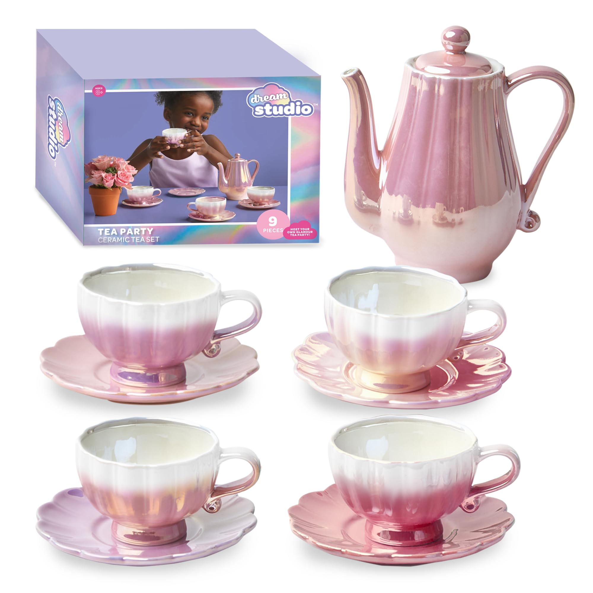 Dream Studio Ceramic Tea Party Set [2023 Amazon Exclusive] 9-Piece Pretend Set, Teapot 4 Cups & 4 Saucers, Hand-Painted Glaze, Safe BPA-Free & Non-Toxic, Imagination Play Activity Toy for Girls & Boys