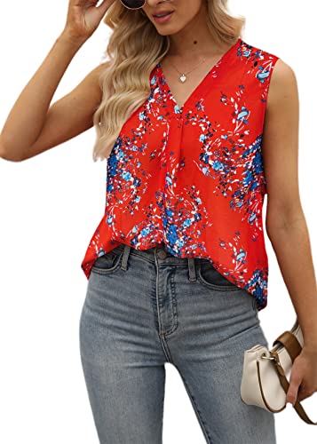 MIDOSOO Summer Tank Tops for Women Elegant Chiffon Sleeveless Shirts Fold Pleated Blouses Floral Red Medium