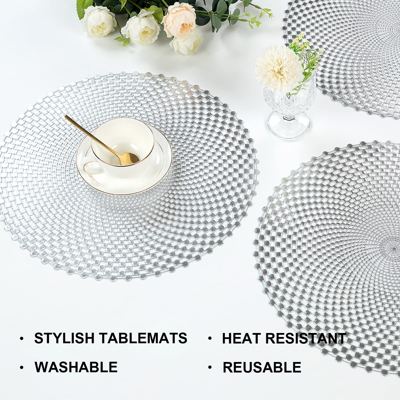 Crisjanggo Silver Metallic Placemats Set of 6 Pressed Vinyl Round Tablemats Simple Hollow Out Design Mats Washable Stain Resistant Nonslip Place Mat for Dining Table Wedding Party Decoration