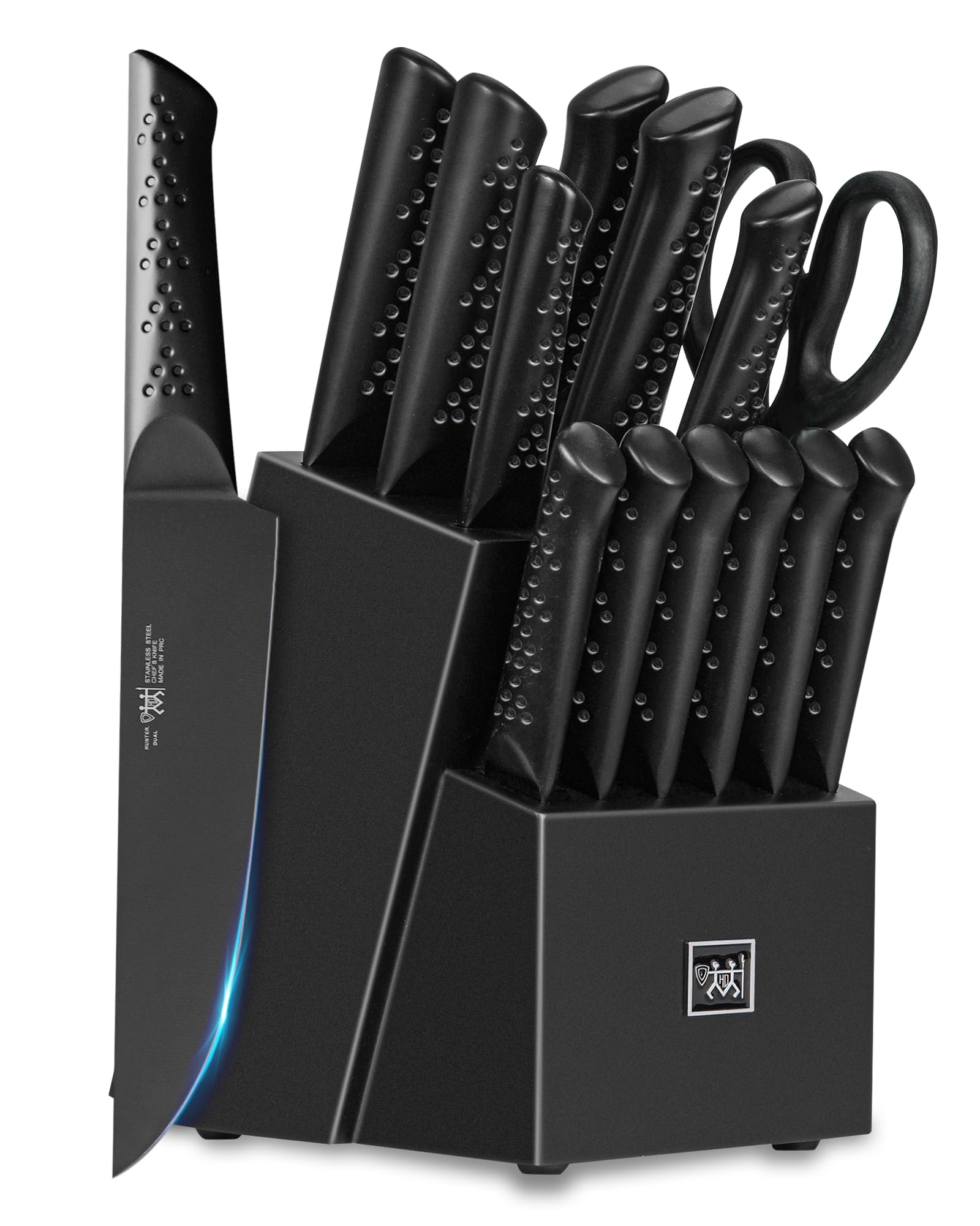 HUNTER.DUAL Knife Sets for Kitchen with Block, HUNTER.DUAL 15 Piece Knife Set with Built-in Sharpener, Dishwasher Safe, German Stainless Steel, Elegant Black