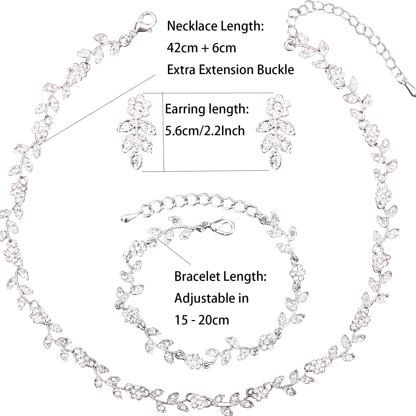 Enrwin Austrian Crystal Rhinestone Choker Necklace Dangle Earring Link Bracelet Jewelry Set for Brides Bridesmaid Prom Costume Accessories for Women (White-Platinum Plated)