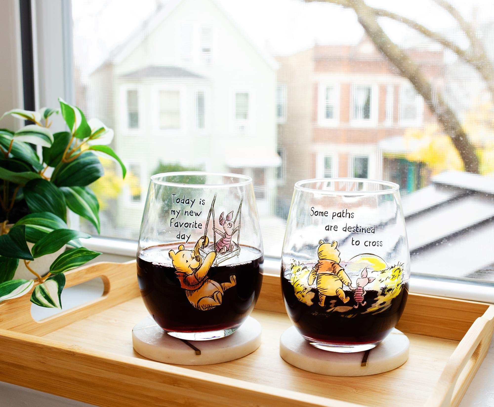 Disney Winnie The Pooh Quotes Teardrop Stemless Wine Glass Set | Tumbler Cup For Mimosas, Cocktails | Each Holds 20 Ounces