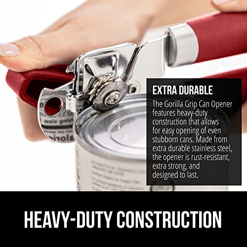 Gorilla Grip Hand Held Can Opener and Vegetable Peeler, Large Lid Openers Rust Proof, Kitchen Food Peelers Safe Blade Guard, Both in Red, 2 Item Bundle