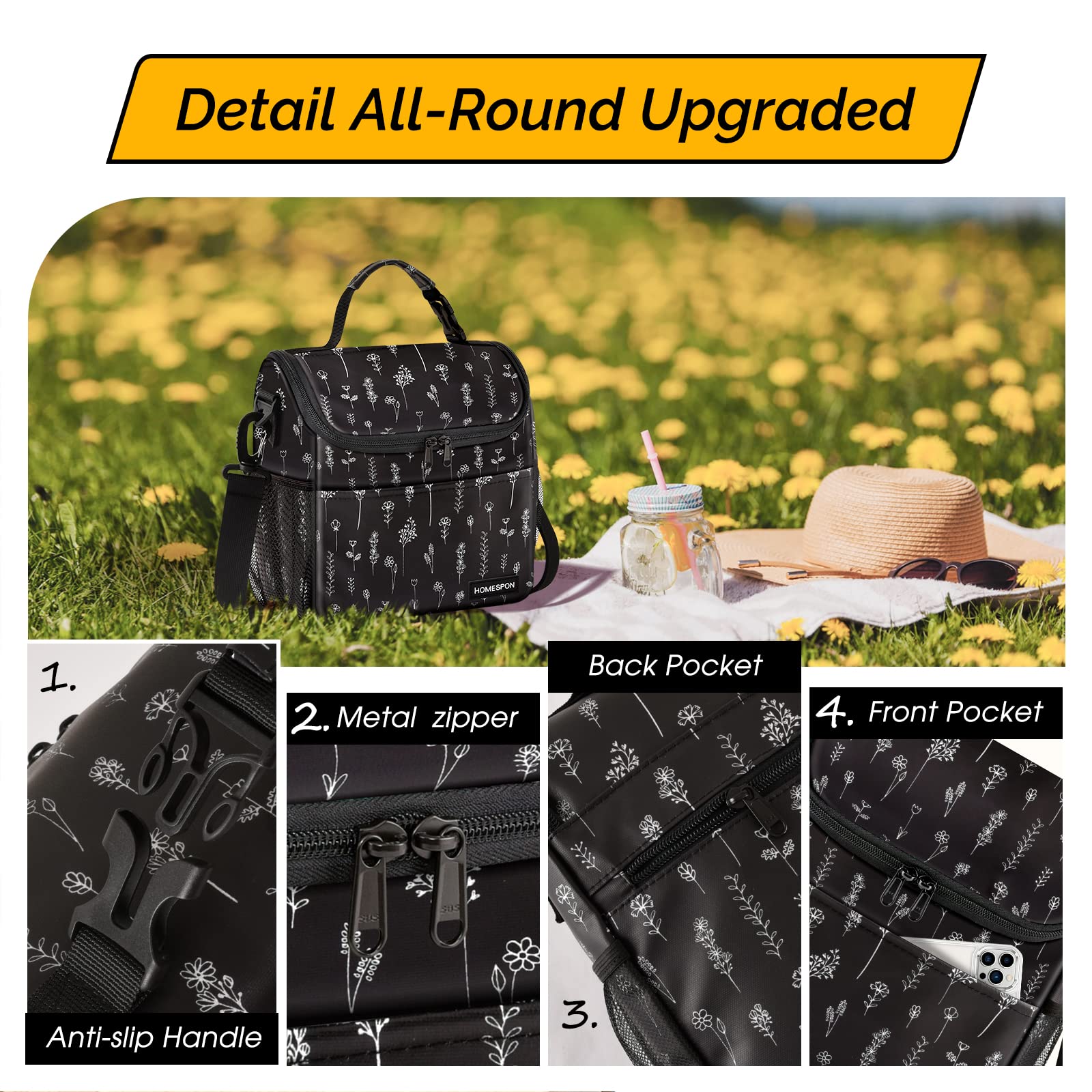 HOMESPON Lunch Bag for Women Large Insulated Lunch Box Reusable Cooler Tote with Front Pocket and Adjustable Shoulder Strap for Work Picnic or Travel