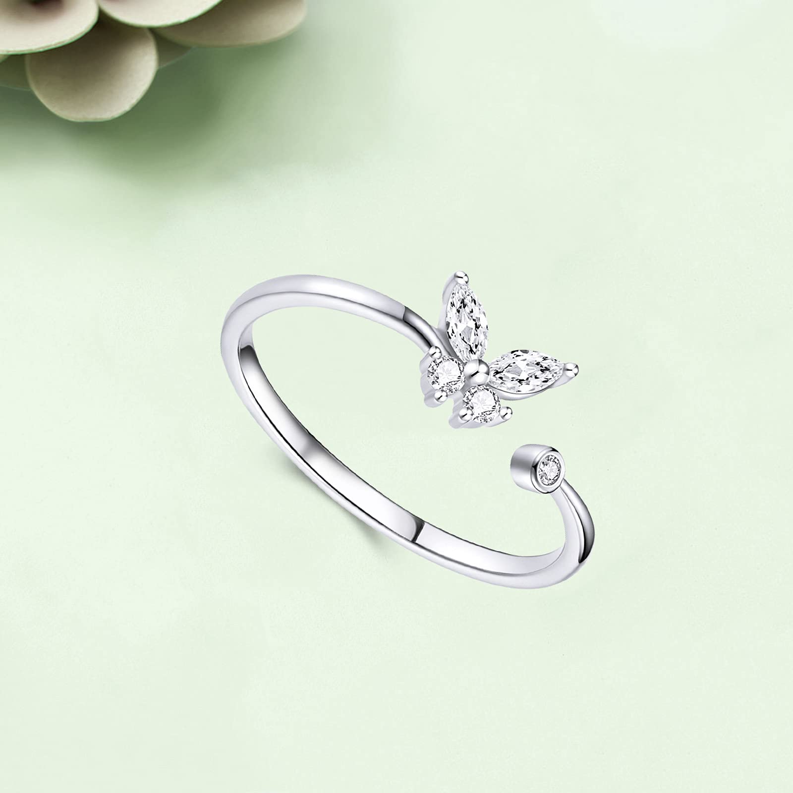 DIYA Diamond Adjustable Butterfly Ring Sterling Silver 1 Carat Moissanite Diamond Ring Open Ladies Dainty Stackable Ring Wedding Bands Anniversary Engagement Rings for Women (White gold plated)