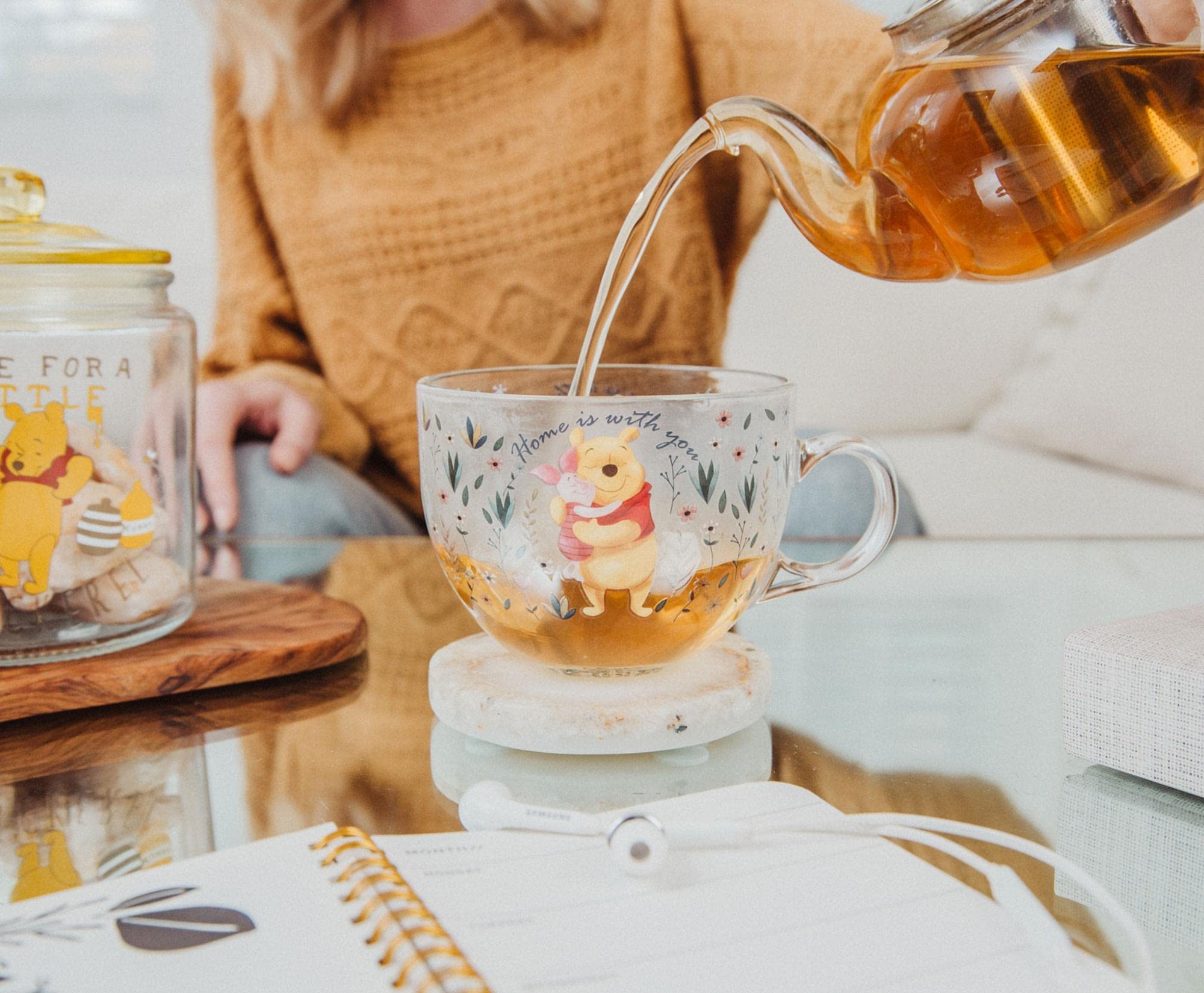 Disney Winnie the Pooh and Piglet Floral Glass Mug | Large Coffee Cup For Espresso, Tea, Mocha | Holds 16 Ounces