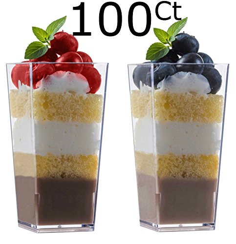 zappy 100 3oz Tall Square Mini Dessert Cups Plastic Dessert Cups Tasting Plastic Shot Glass Shooter Cups Parfait Glasses Appetizer Bowls Trifle Bowl Tumbler Shooter (3oz Dessert Cups 100Ct)