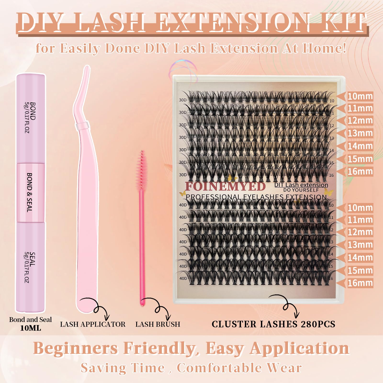 DIY Lash Extension Kit 280Pcs 30D 40D Individual Lashes Clusters With Lash Bond and Seal and Lash Applicator 10-16mm Mix D Curl volume Lashes Wispy DIY EyeLash Extension Kit At Home, By FOINEMYED