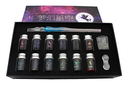 XIAOYU 15 Pieces Glass Dip Pen Set, Handmade Starry Sky Calligraphy Pen and 12 Bottle Inks, Calligraphy Set for Beginners, Lake Blue