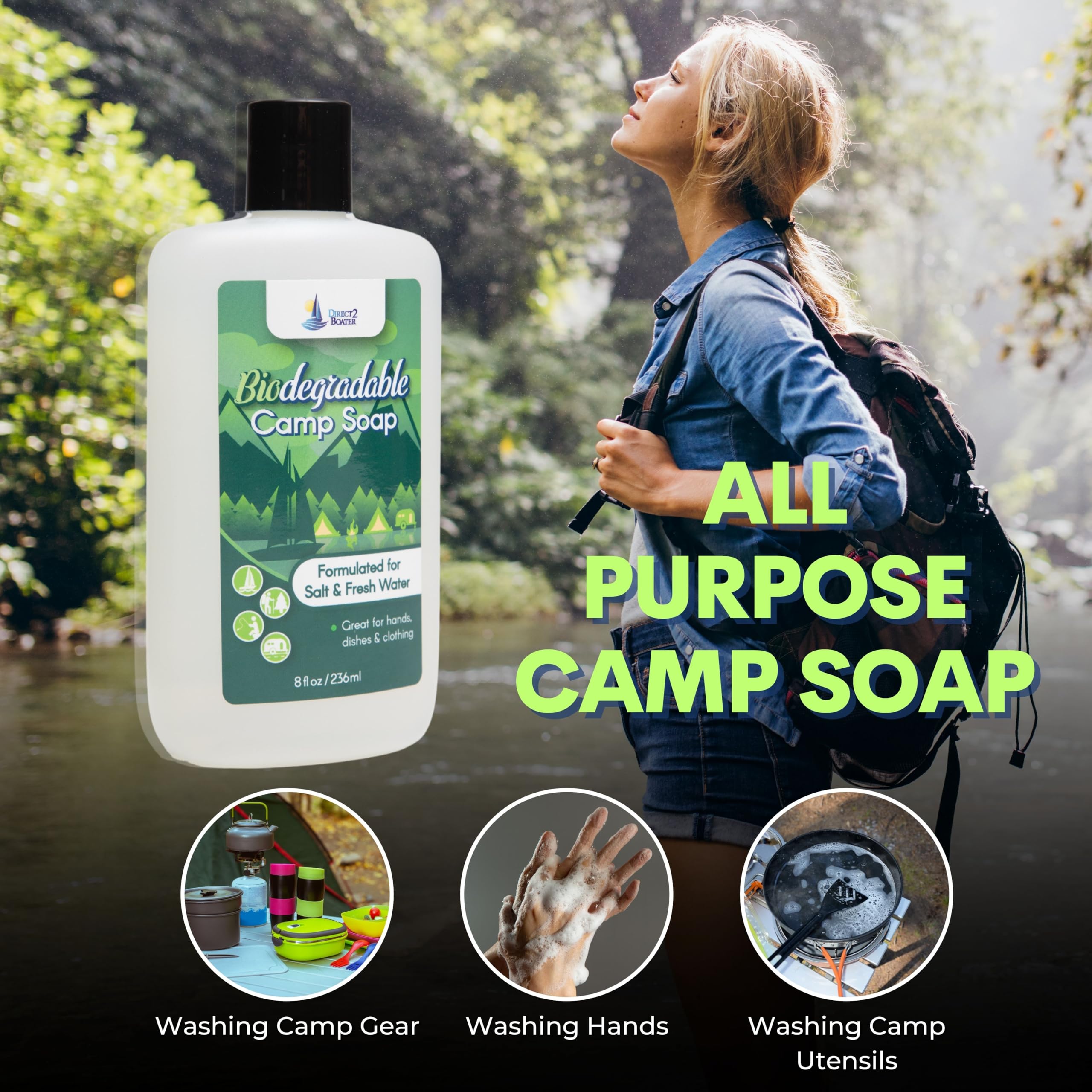 Direct 2 Boater Biodegradable Travel Camp Soap 8 Ounce (2 Pack) Portable Backpacking Soap with No Dies or Fragrances - Camping Clothe Cleaner - Camping Cookware Soap