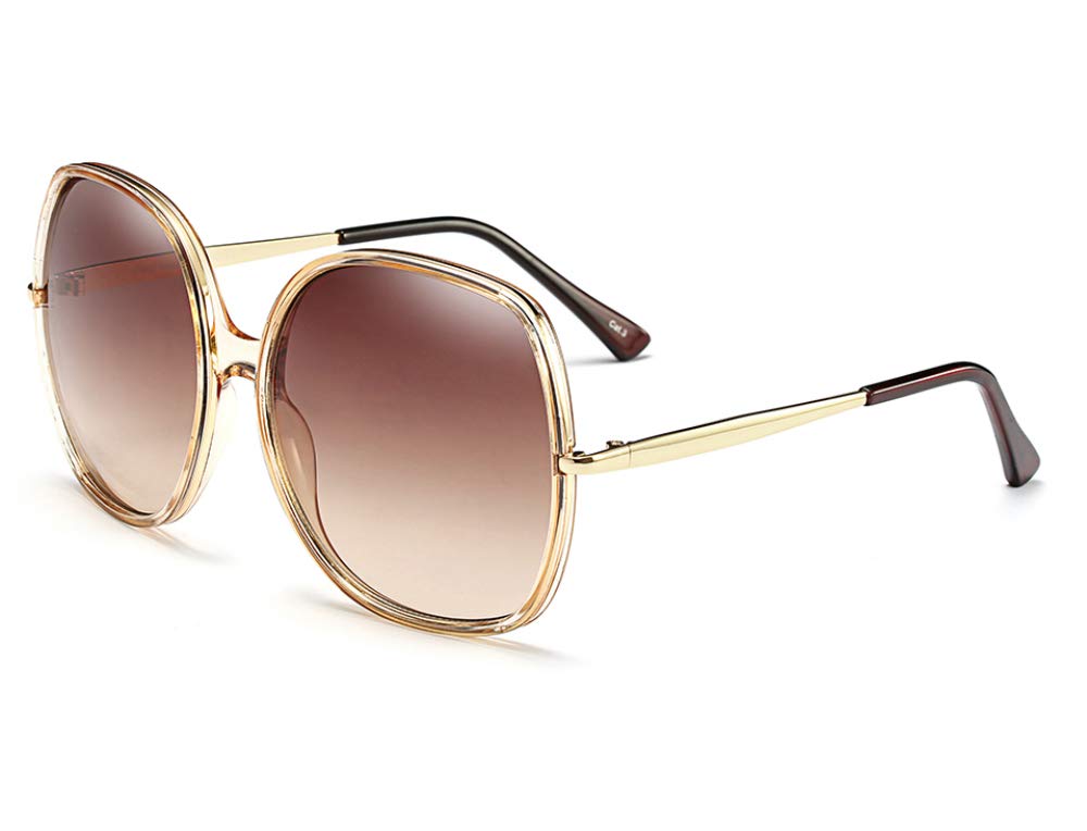Freckles Mark 70s Super Oversize Square Sunglasses for Women Vintage Rectangular Plastic Frame (Champagne/Gradient Brown)