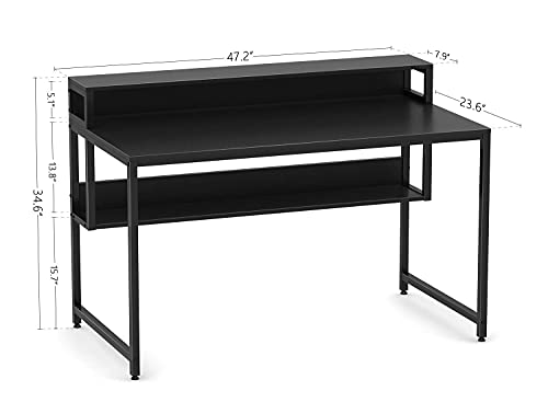 Cubiker Computer Home Office Desk, 47" Small Desk Table with Storage Shelf and Bookshelf, Study Writing Table Modern Simple Style Space Saving Design, Black