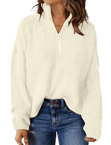 MEROKEETY Women's 2023 Long Sleeve Chunky Knit Sweaters 1/4 Zip Polo V Neck Casual Pullover Tops,Beige,M