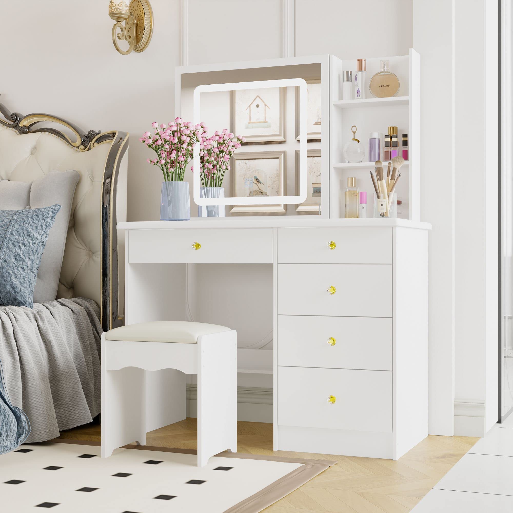 DiDuGo Vanity Desk with Mirrored Desktop & Sliding Lighted Mirror, Vanity Set Makeup Vanity with Drawers and Shelves, Crystal Handles, Cushion Stool, White