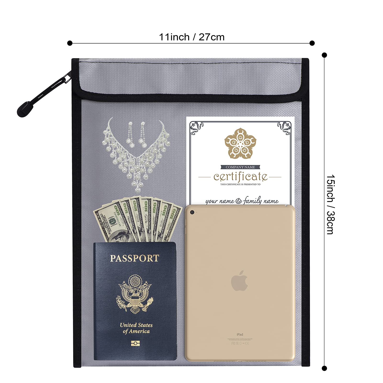 Fireproof Document Bag (2000℉),10.6”x 6.9” Waterproof and Fireproof Money Bag with Zipper,Fireproof Safe Storage Pouch for Passport,Cash,Jewelry,Legal Documents and Valuables