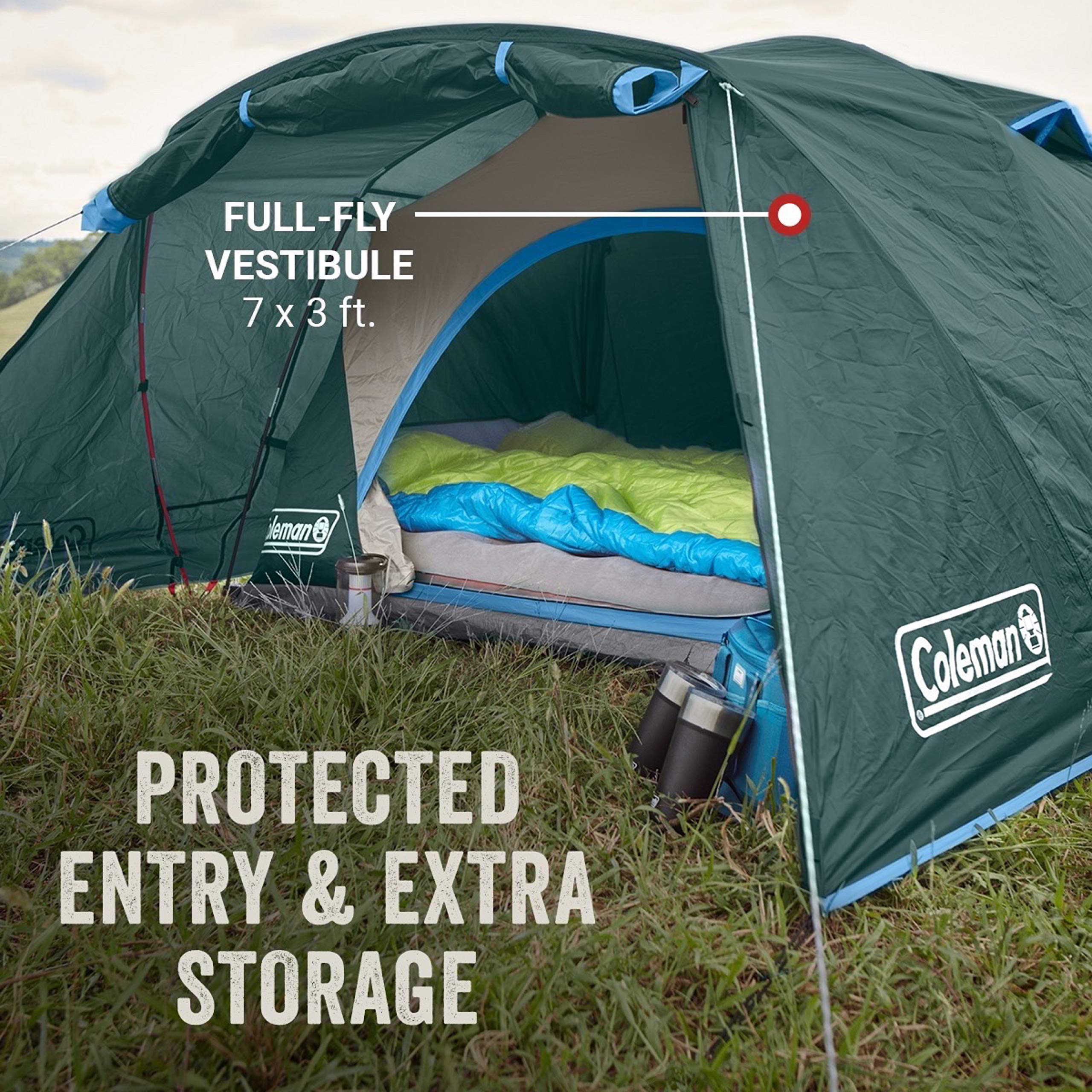 Coleman Skydome Camping Tent with Full-Fly Weather Vestibule, 2/4/6 Person Weatherproof Tent with Rainfly, Carry Bag, Storage Pockets, and Ventilation, Sets Up in 5 Minutes