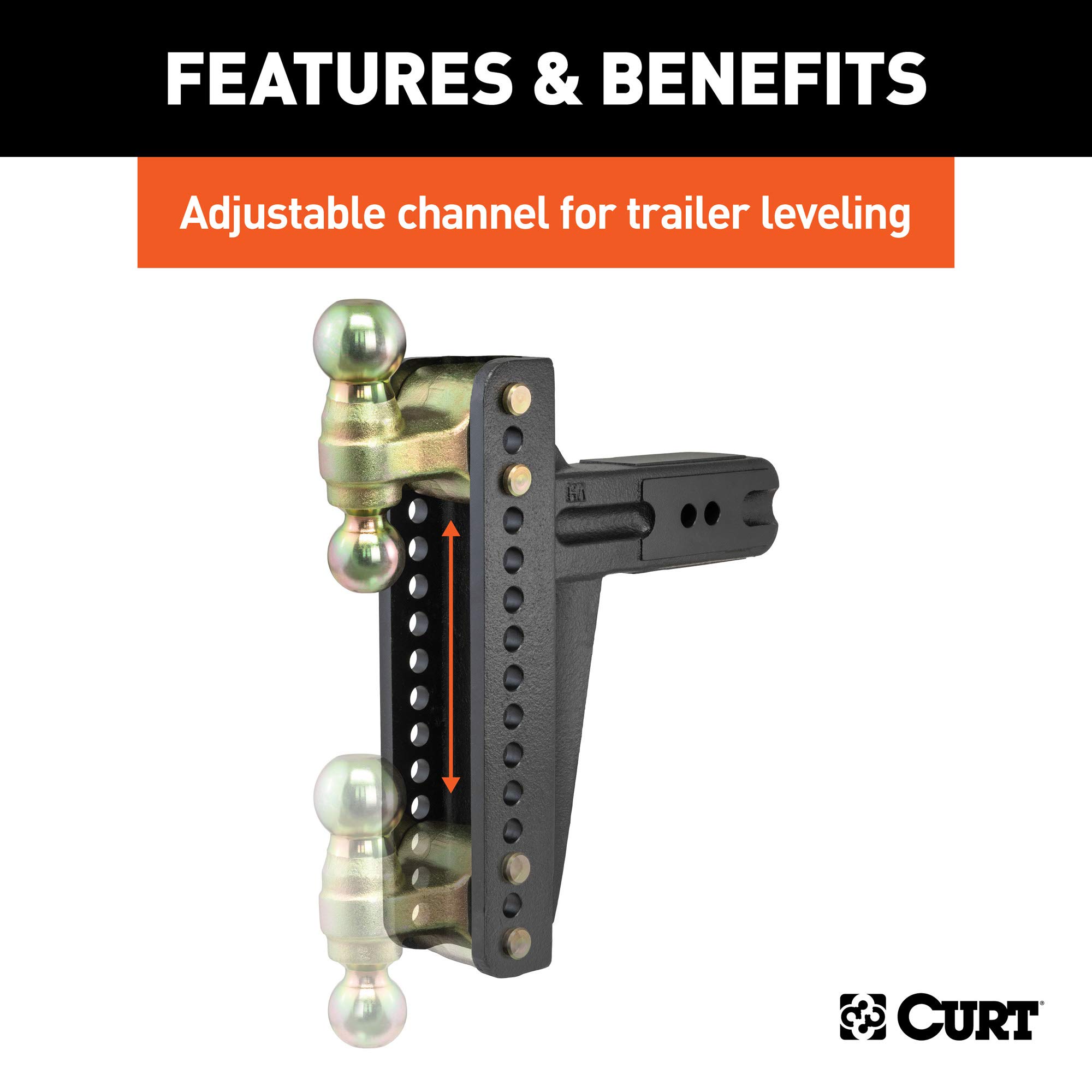 CURT 45928 Adjustable Trailer Hitch Ball Mount, 3-Inch Receiver, 10-5/8-Inch Drop, 2 and 2-5/16-Inch Balls, 21,000 lbs , Black