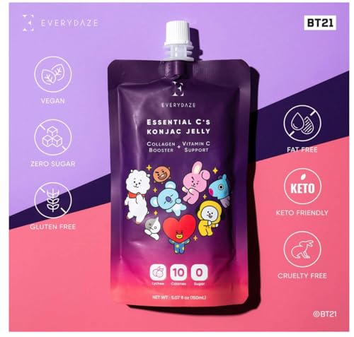 EVERYDAZE BT21 Essential C’s Collagen + Vitamin C Konjac Jelly | Vegan, 10 Calories, 0 Sugar | Lychee | 10 Packs | Healthy Diet Pouch Drinkable Snack Drink, Weight Management
