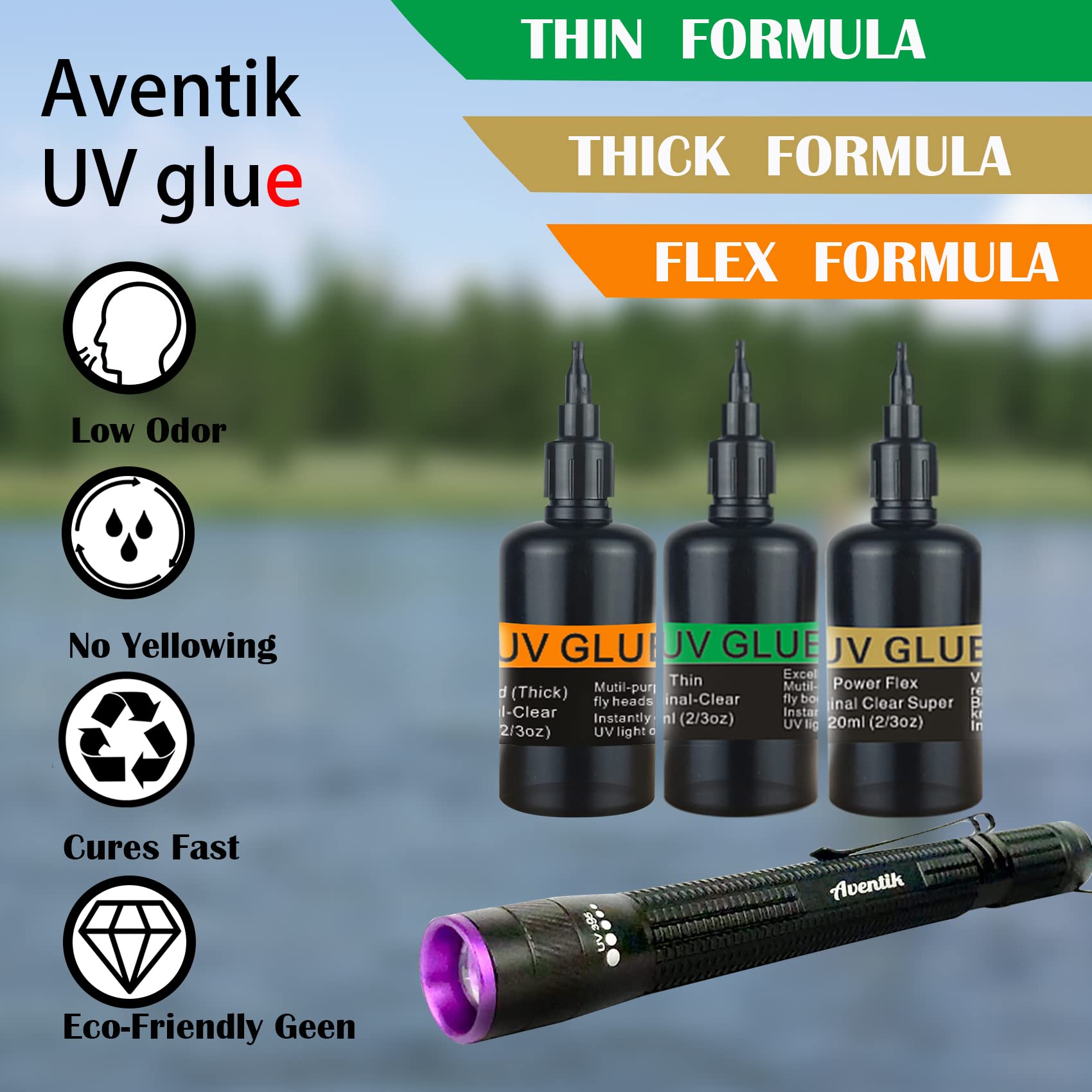 Eupheng Fly Tying UV Glue Three Formula Each 0.7oz Thick,Thin and Super Flex Fly Head Cement with 10W 395nm UV Power Light Fly Tying for Building Flies Fly Tying Materials Kit