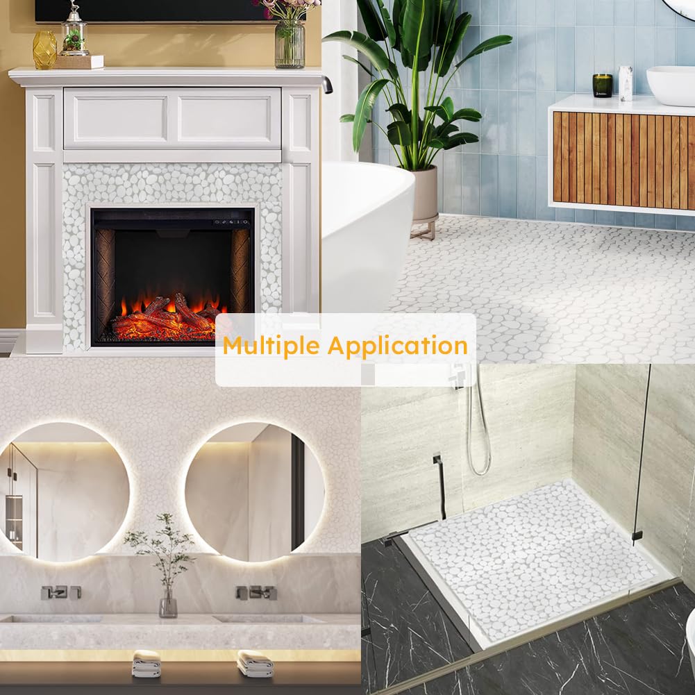 Diflart White Pebble Backsplash Tile Polished for Kitchen Shower Floor Wall Tiles Pack of 5 Sheets