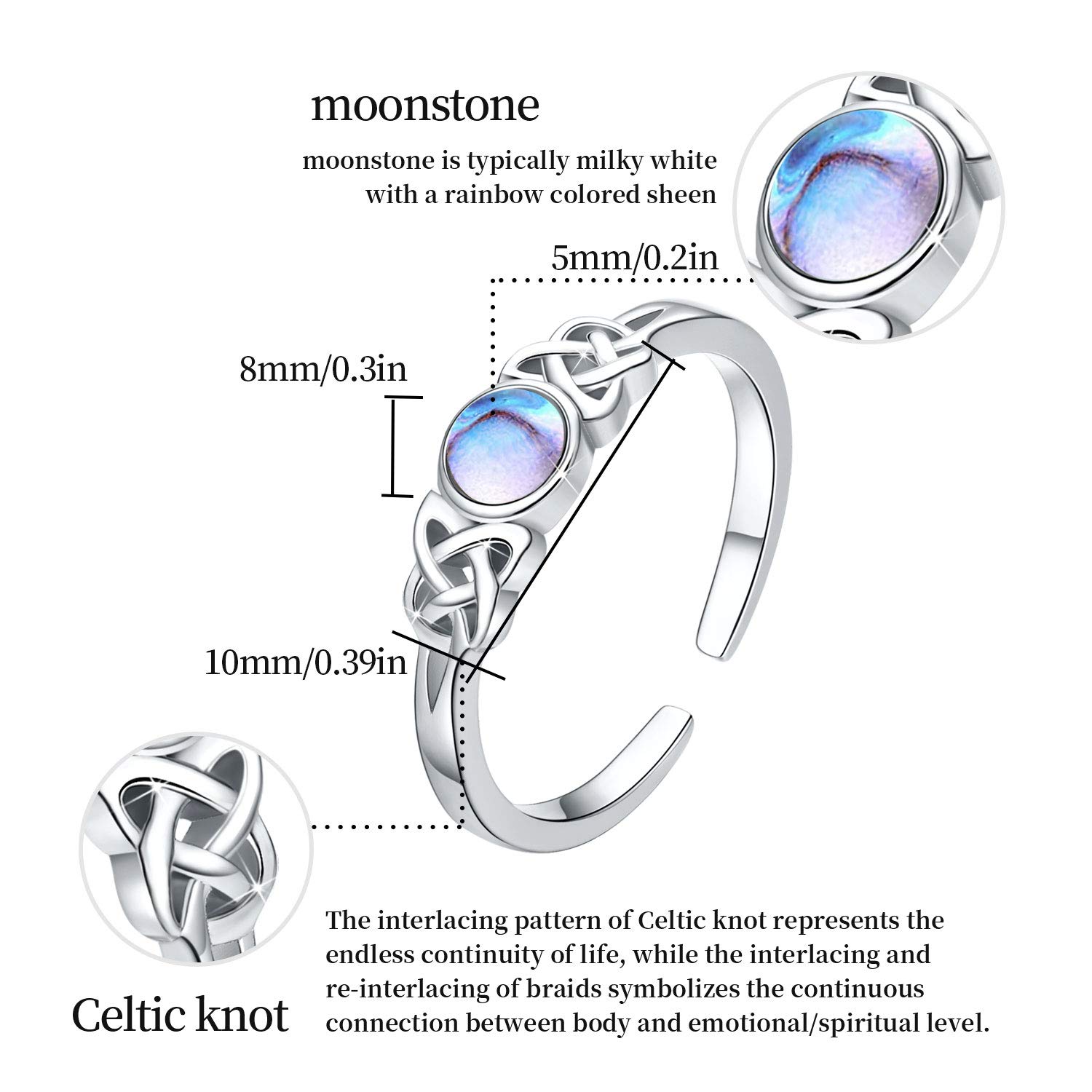 CUOKA MIRACLE Moonstone Rings S925 Sterling Silver Celtic Knot Ring Adjustable Rainbow Moonstone Ring Synthetic Ring Jewelry Gift for Women