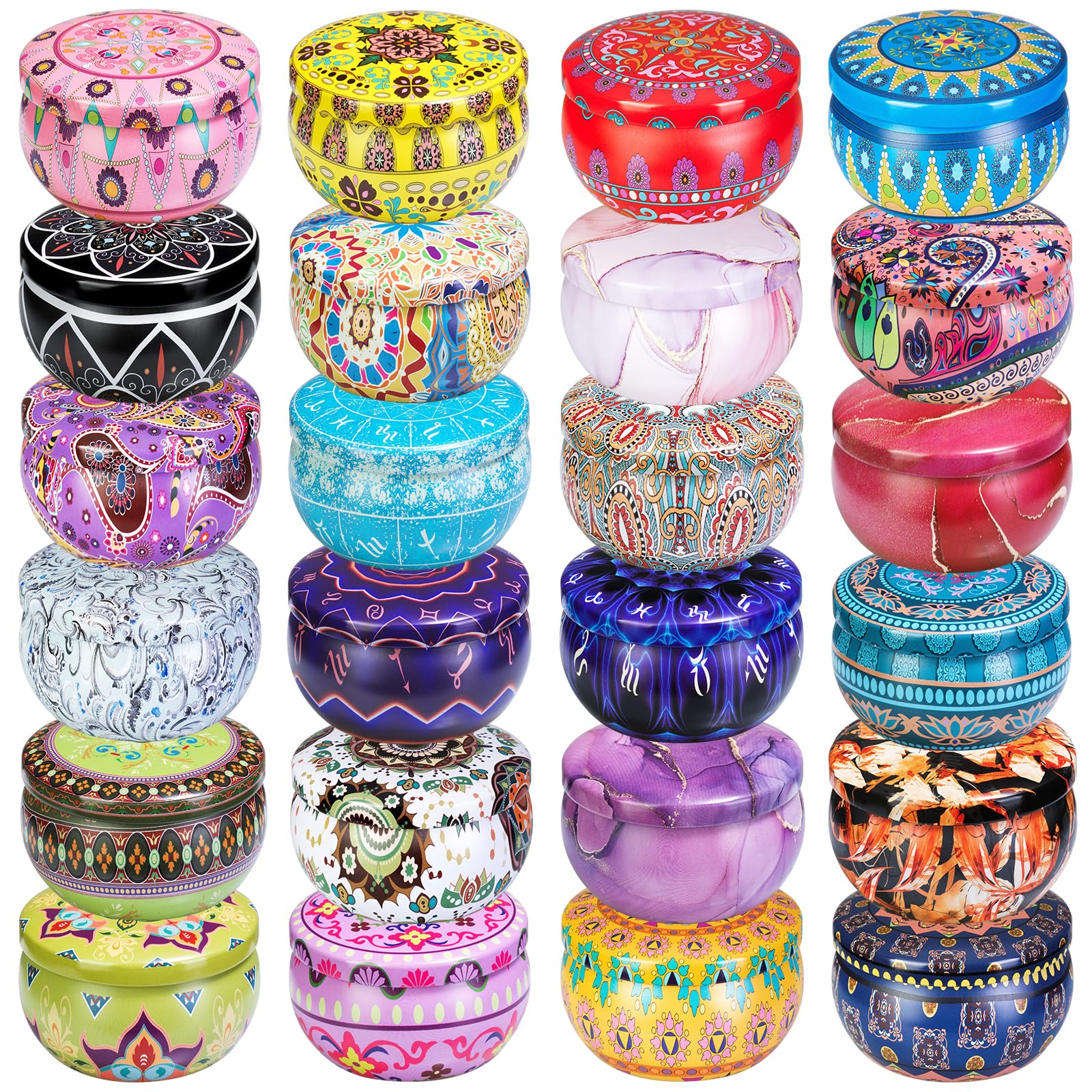 Domivirgo Candle Tins with Lid, 2.5oz 24 Designs Tinplate Cans with Wicks, Wick Holders, Wick Stickers for Candle Making, DIY Arts and Crafts, Small Item Storage