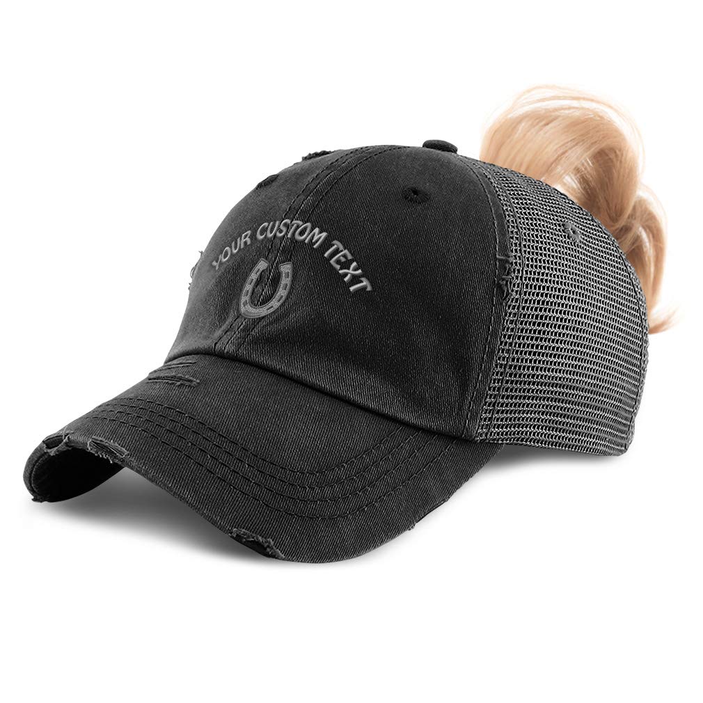 Custom Womens Ponytail Cap Western Farm Horse Shoe Cotton Distressed Trucker Hats Strap Closure Black Personalized Text Here