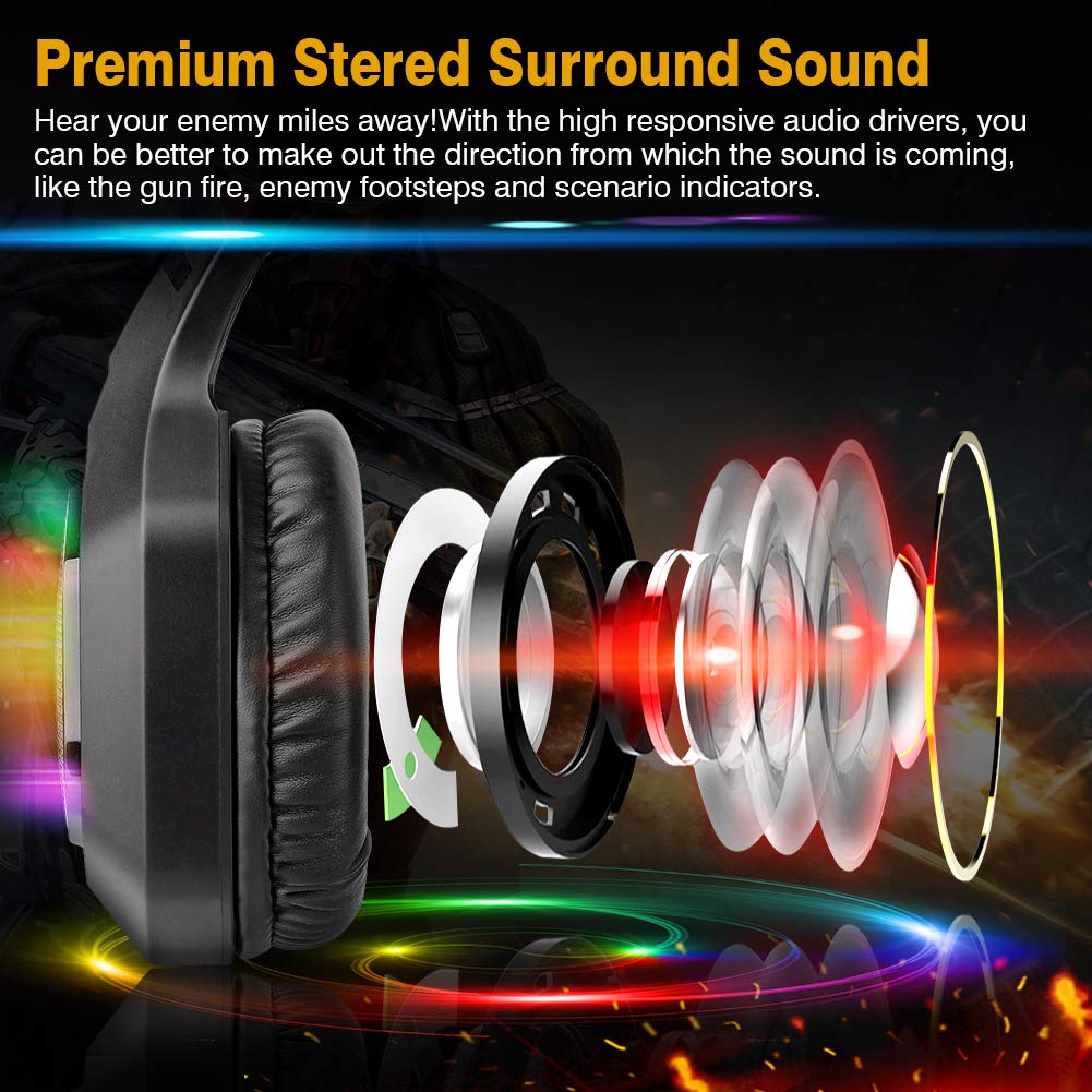 DIZA100 PS5 PS4 Gaming Headset with Microphone Surround Stereo PC Gaming Headphones RGB Light & Adjustable for Xbox one Laptop Mac