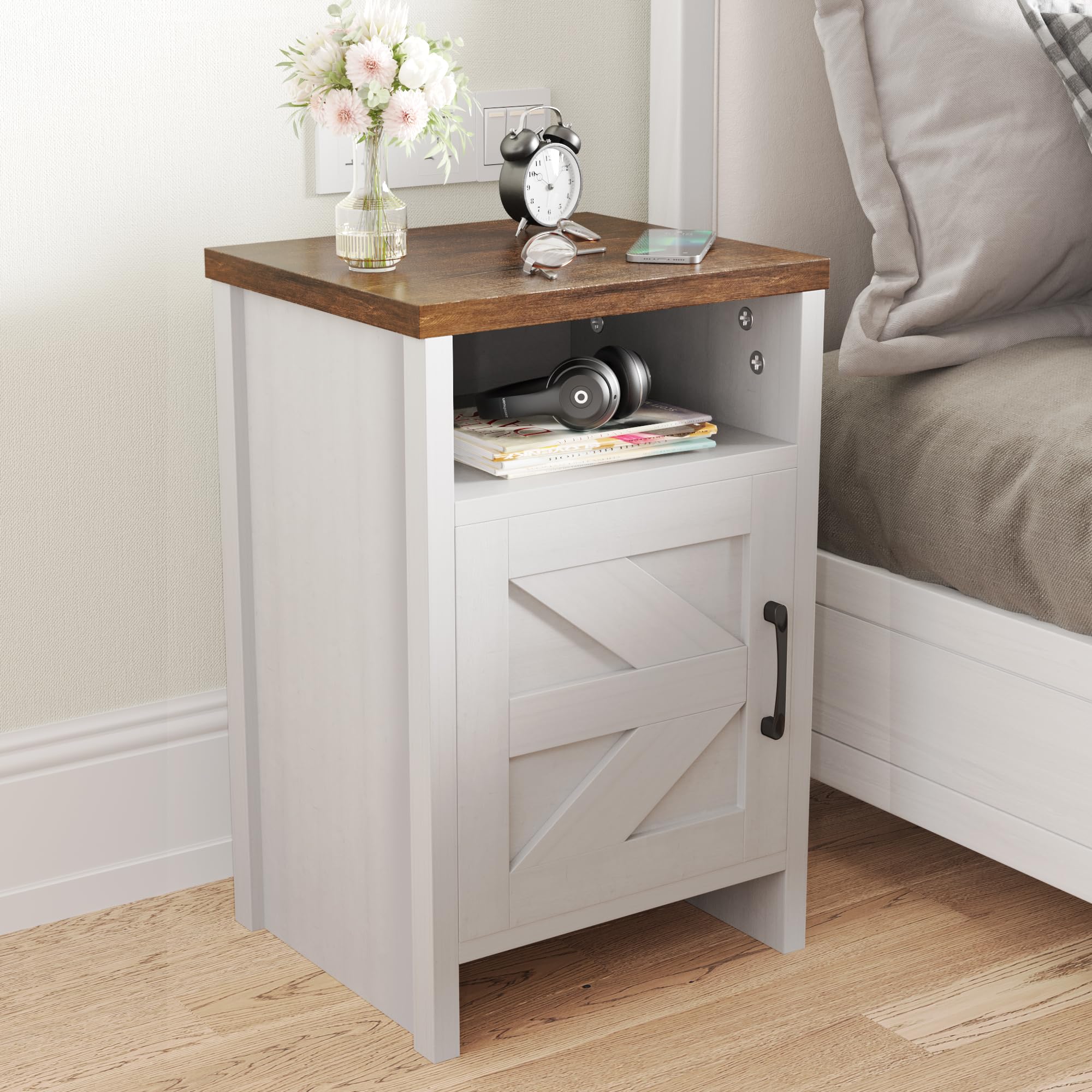 JUMMICO Farmhouse Nightstand, Modern Bedside Table with Barn Door and Shelf, Rustic End Table Side Table for Bedroom, Living Room (2, Grey)