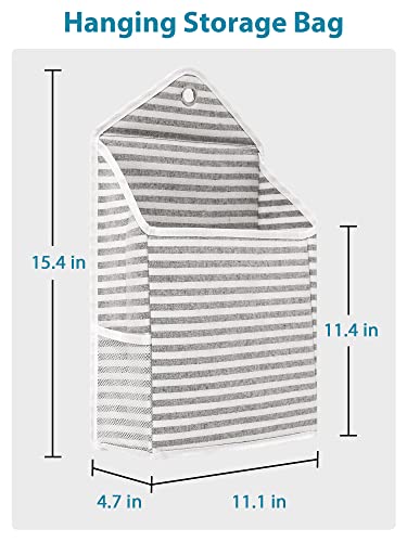 PARAKE Wall Hanging Storage Bag, 2 Pack Waterproof Hanging Organizer Bag for Bedroom, Large Pocket Organizer Basket with Side Pocket, 4 Sticky Hook, Hanging Bag for Bathroom Office, Grey White Stripes