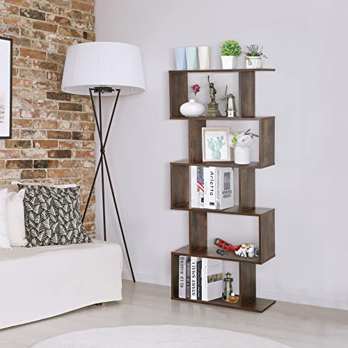 ZENY Geometric Bookcase, 5-Tier Bookshelf, S-Shaped Display Shelf and Room Divider, Freestanding Decorative Storage Shelving for Home Office, Rustic Brown