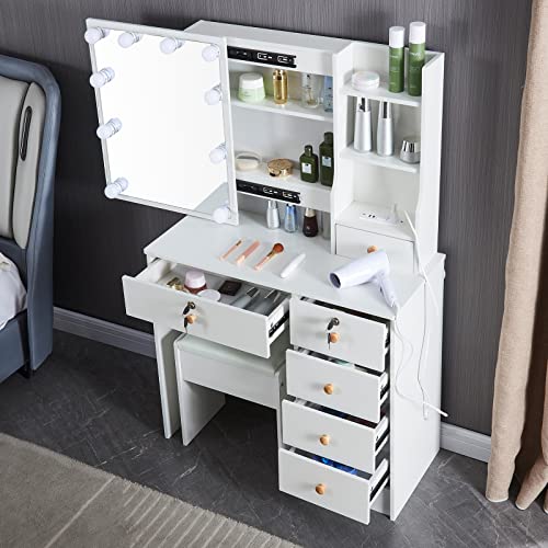 Xinhonglei Large Vanity Set with 10 LED Lights and Charging Station, Makeup Vanity Dressing Table with 5 Drawers, Vanity Table with Cushioned Stool, White Dresser for Bedroom