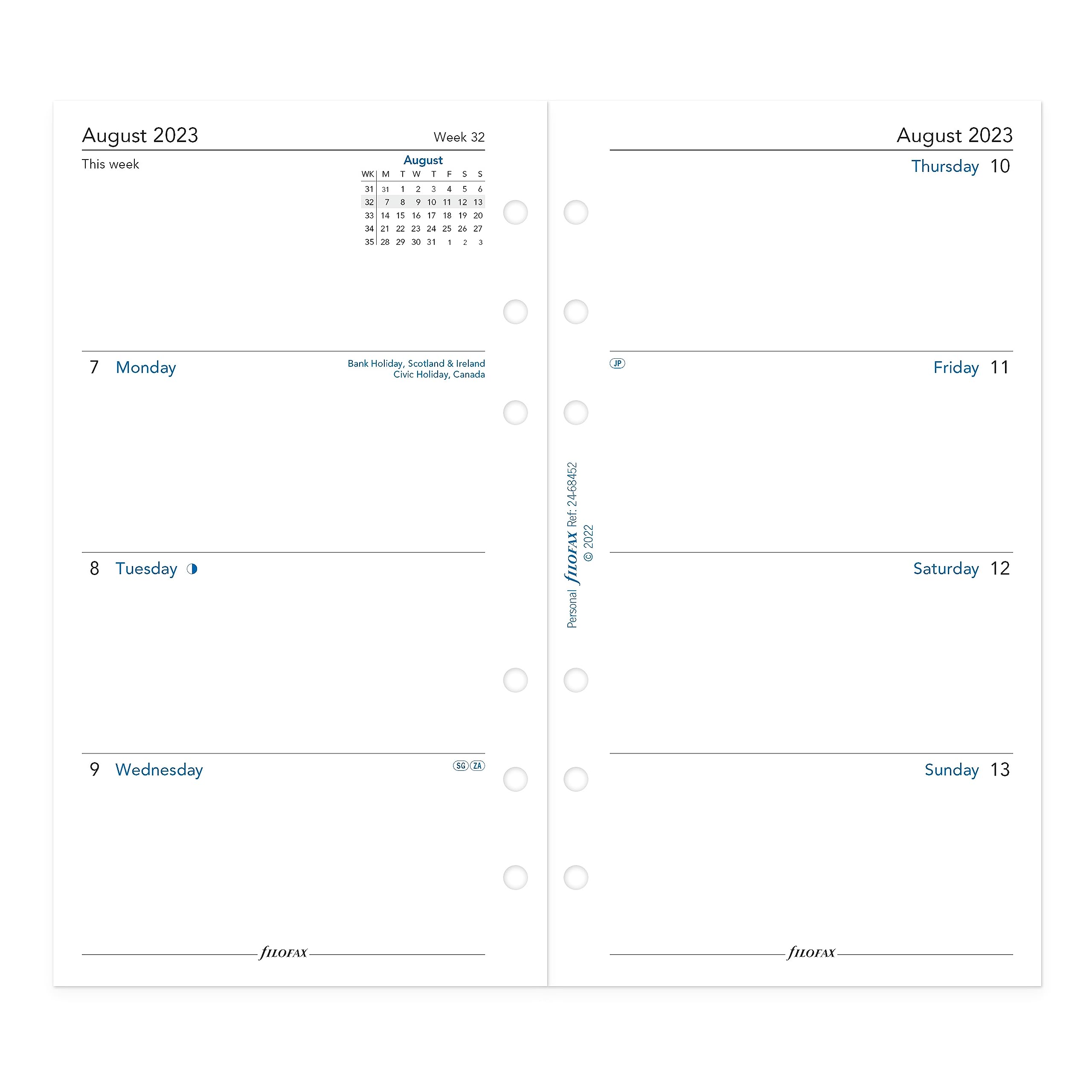 Filofax Calendar Diary Refill, Personal/Compact Size, Week-to-View, Academic, White Paper, Unruled, English, August 2023 to July 2024 (C68452-24)